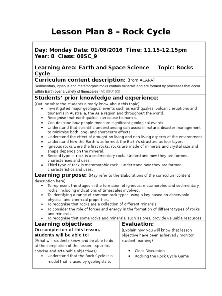 evidence 2 - lesson plan 8 the rock cycle | Rock (Geology) | Igneous Rock