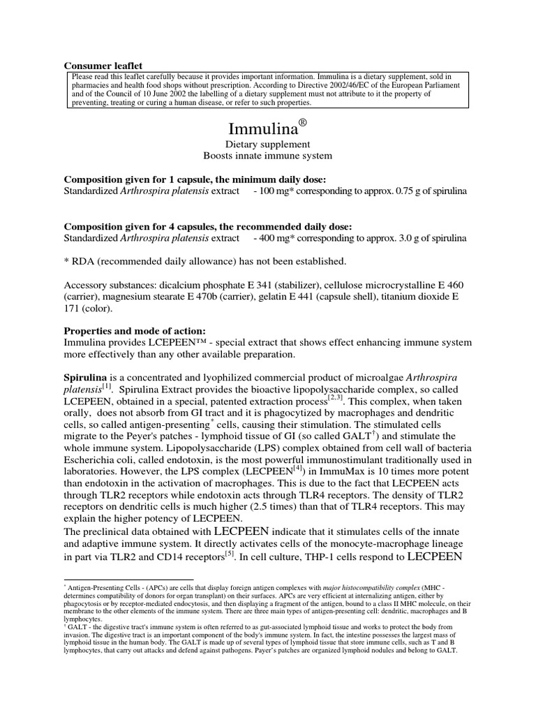 IMMULINA Spirulina Extract Immune Defense | PDF | Lipopolysaccharide ...