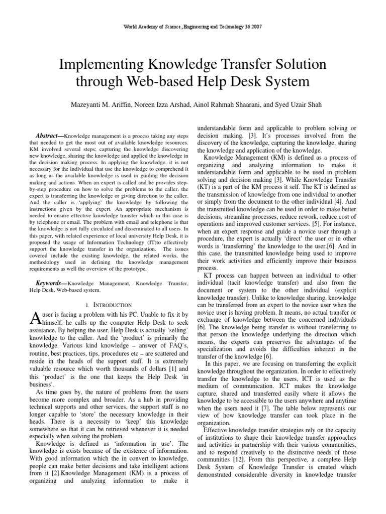 Implementing Knowledge Transfer Solution Through Web-Based Help Desk ...