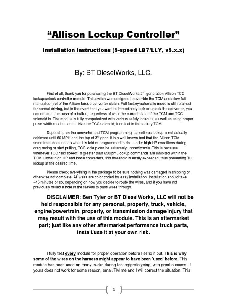 Allison Lockup Switch Instructions 5-Spd v5 | PDF | Automatic ...