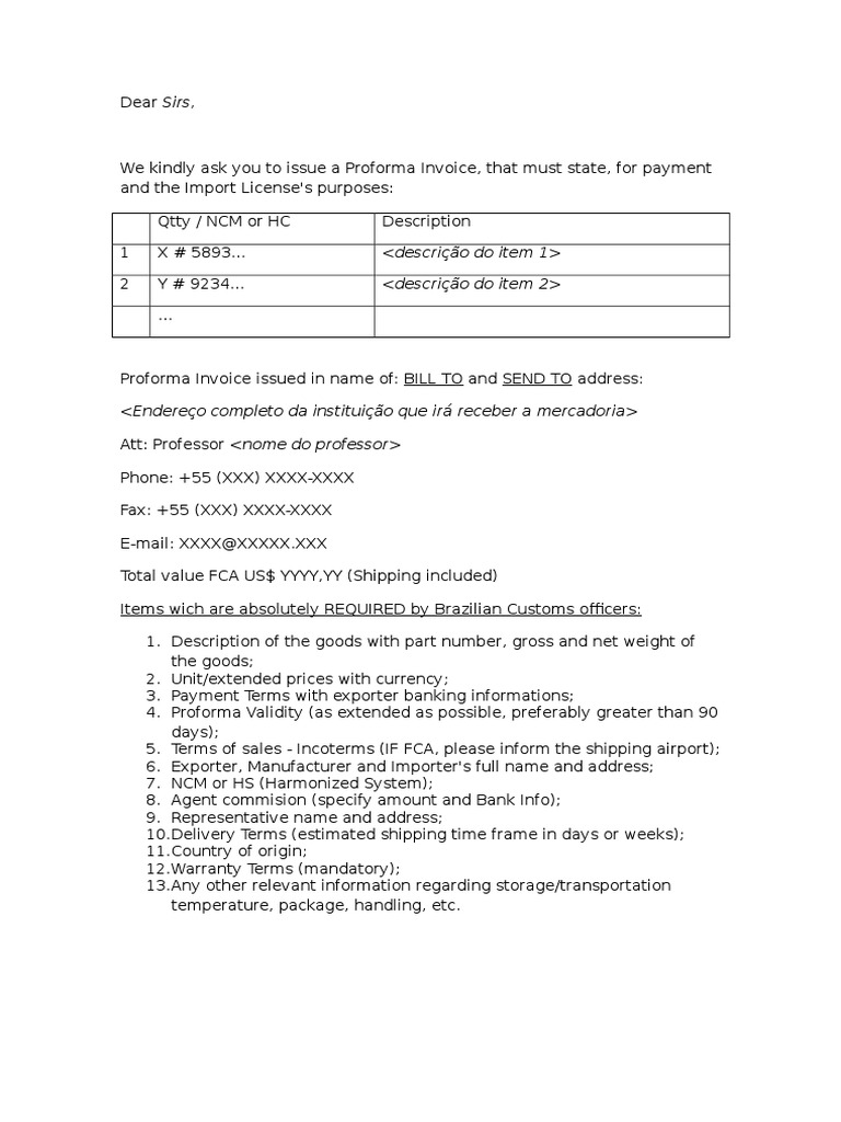 Modelo de Email Pedido Proforma Invoice | PDF