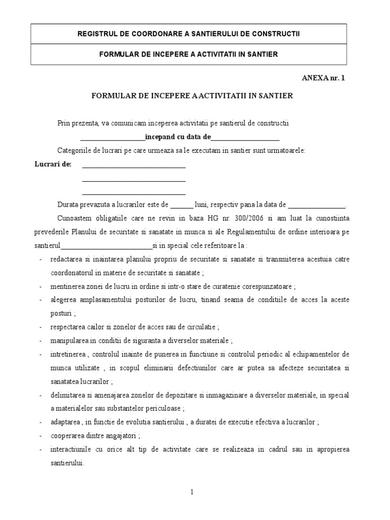 Formular de Incepere A Activitatii Pe Santier Anexa Nr.1 | PDF