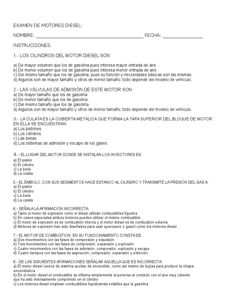 Examen Diesel | PDF | Motor diesel | Motor de combustión interna