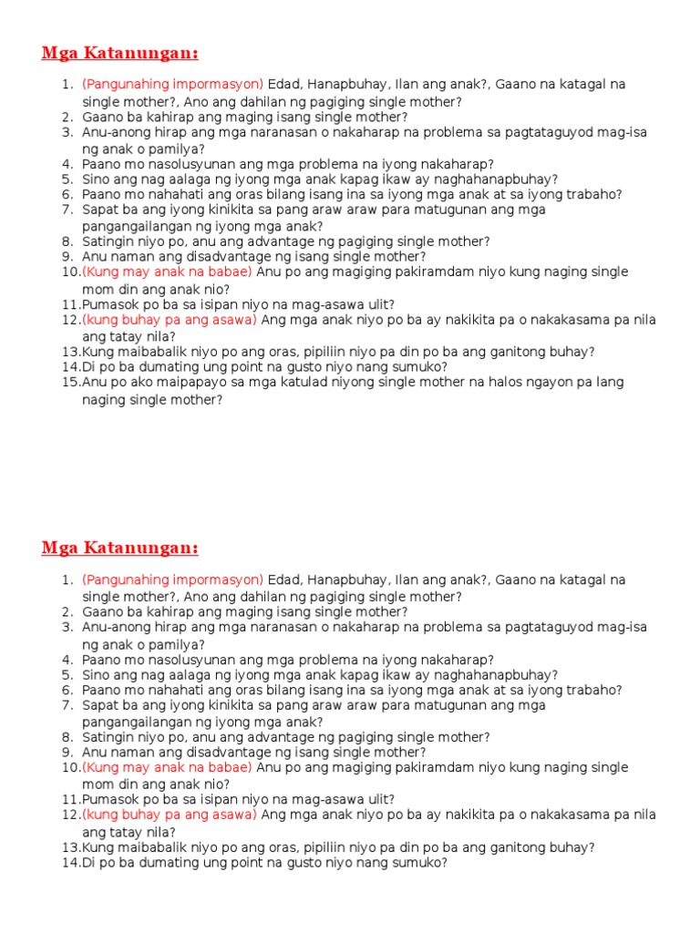 Mga-Katanungan-single Mother | PDF