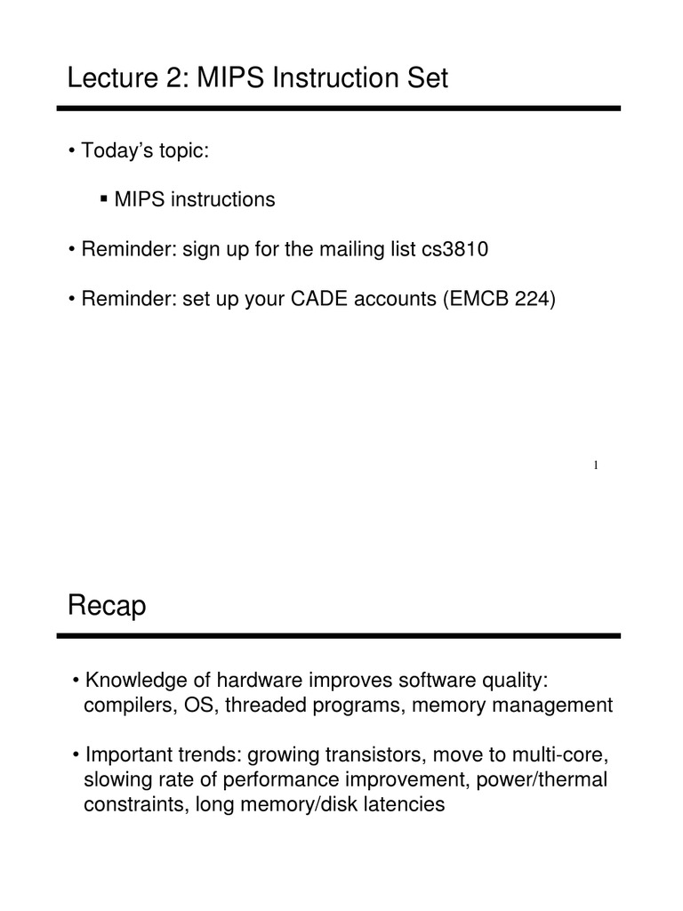 Lecture 2: MIPS Instruction Set | PDF | 64 Bit Computing | Central Processing Unit