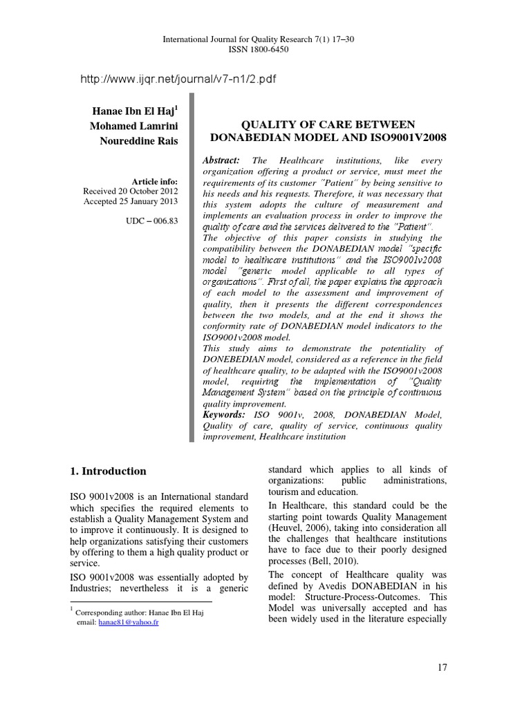 QUALITY OF CARE BETWEEN DONABEDIAN MODEL AND ISO9001V2008.pdf | Quality ...