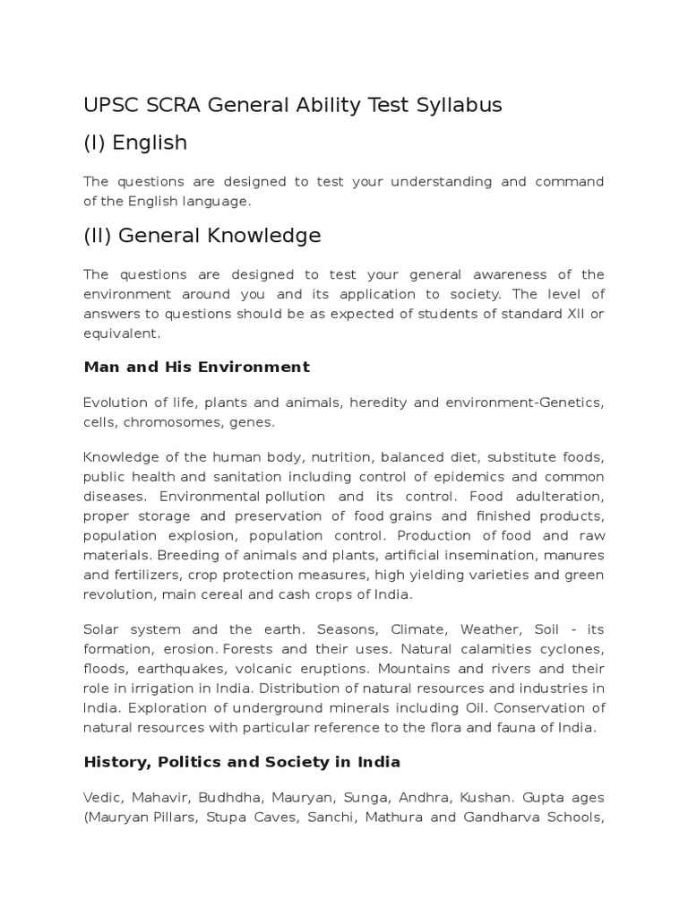 UPSC SCRA General Ability Test Syllabus | PDF | Equations ...