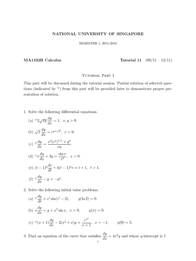 MA1102R15 Tutorial11 | PDF | Equations | Calculus