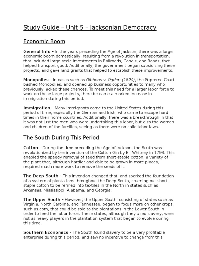 Study Guide - Unit 5 - Jacksonian Democracy | PDF | Plantations In The ...