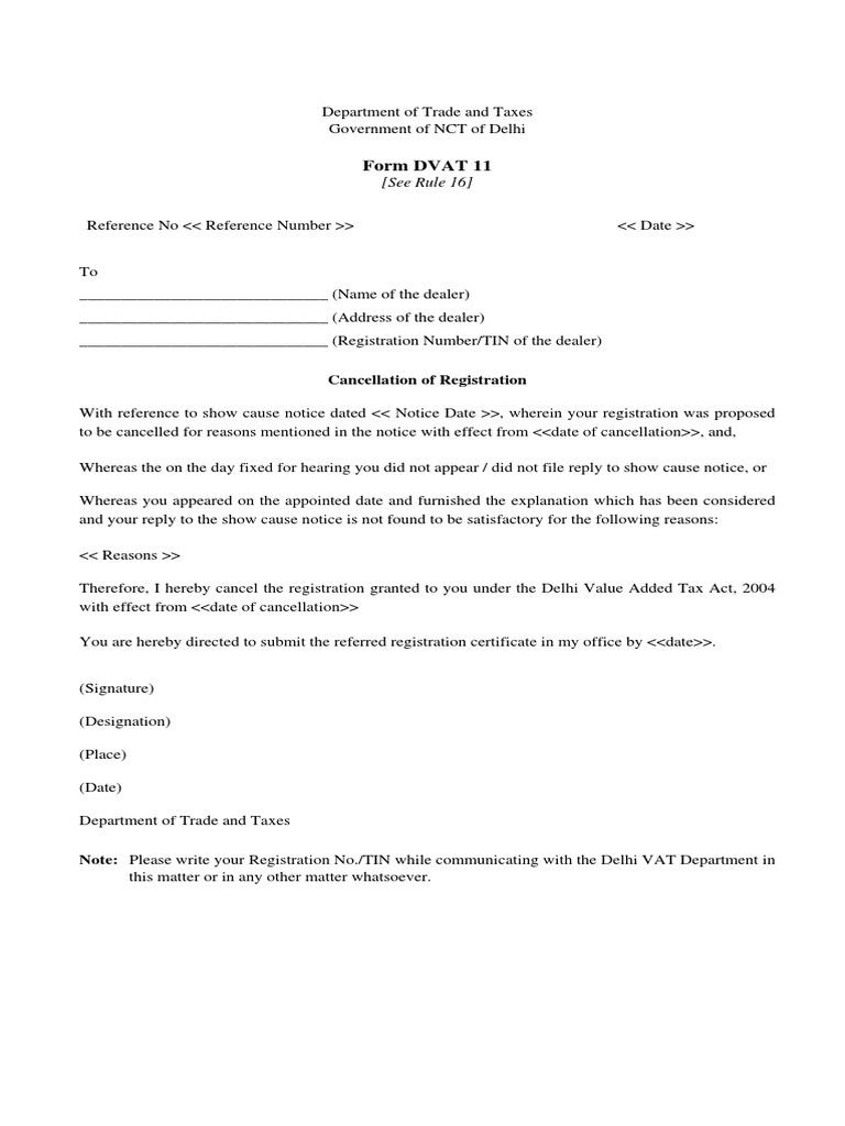 Form DVAT 11: Cancellation of Registration | PDF