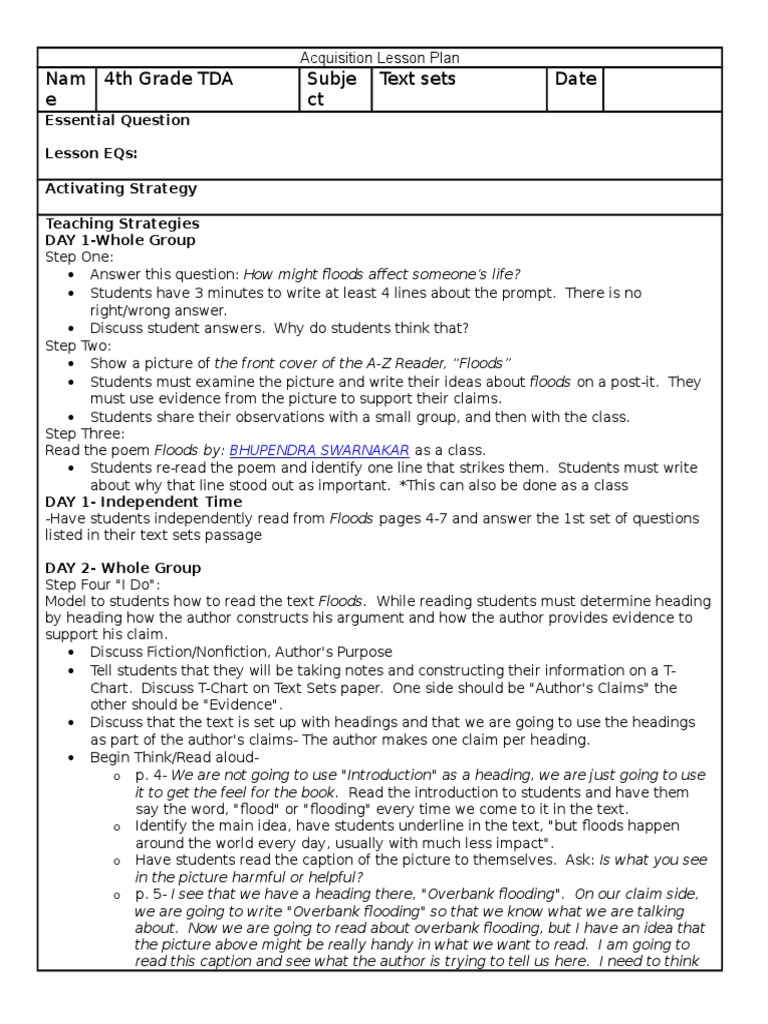 Nam e 4th Grade TDA Subje CT Text Sets Date: Acquisition Lesson Plan ...