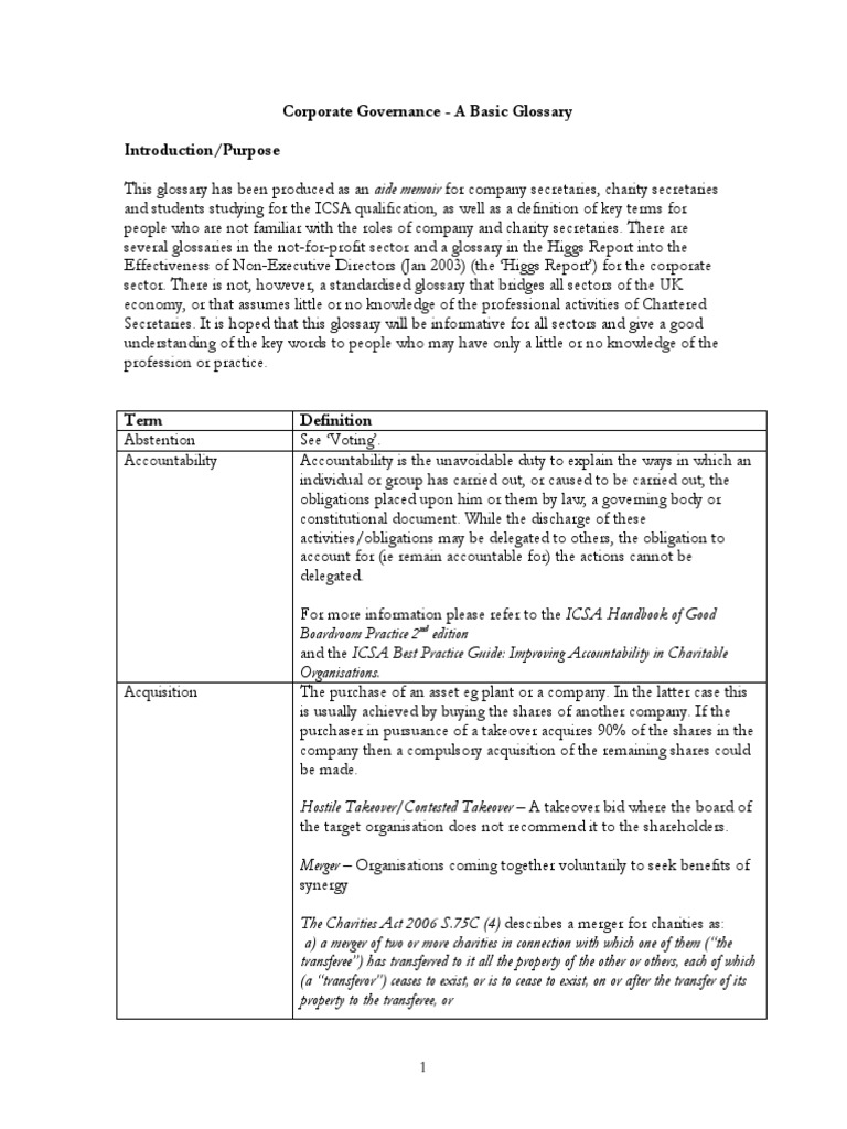 Corporate Governance - A Basic Glossary | PDF