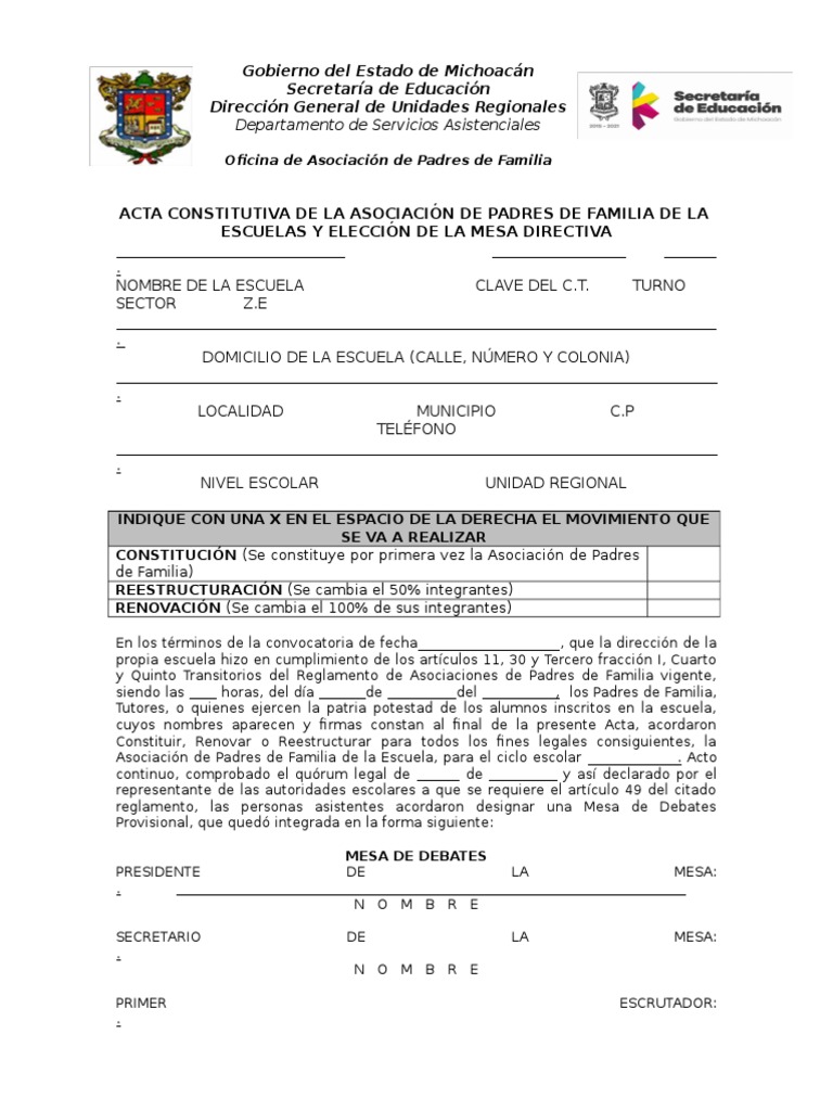 Acta-Constitutiva-De-La-Asociación-De-Padres-De-Familia-De - Michoacán | PDF | Votación | Gobierno