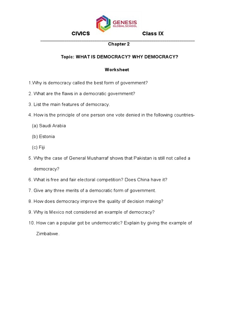 Civics Class IX: Topic: What Is Democracy? Why Democracy? Worksheet | PDF