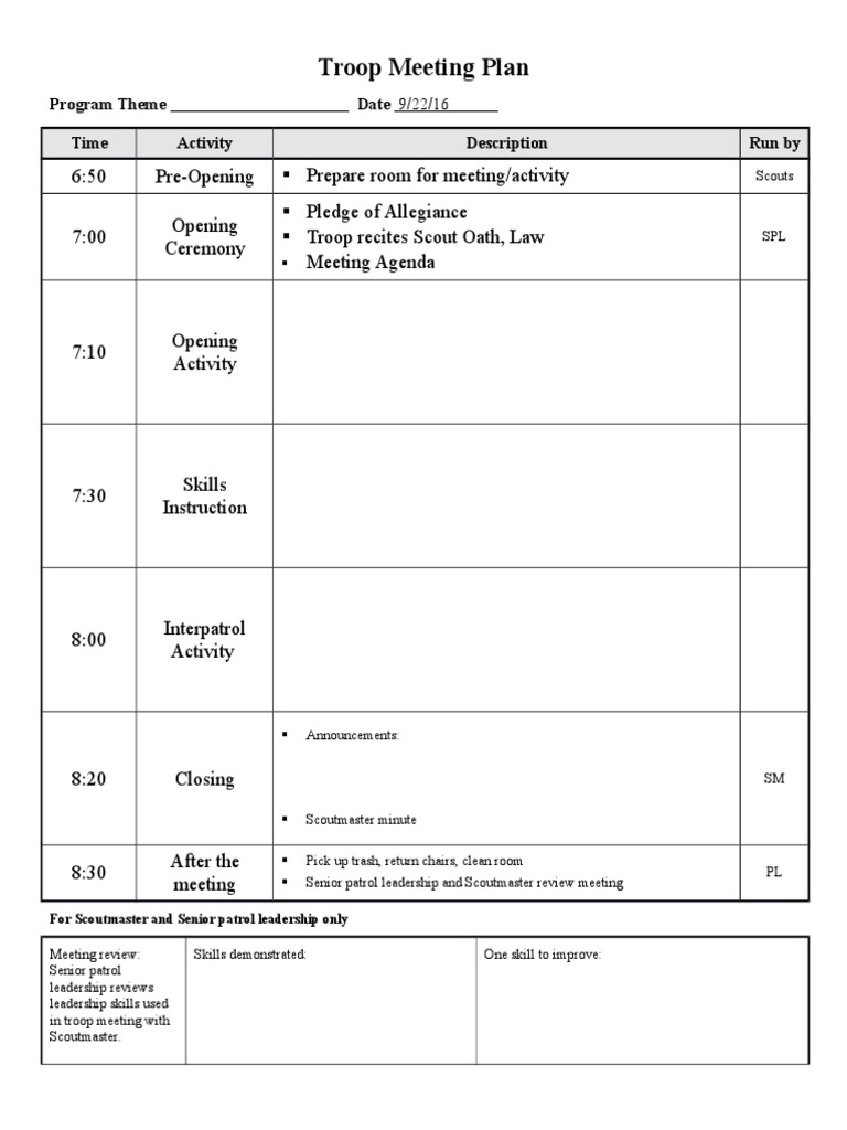 Troop Meeting Plan Template BSA | PDF