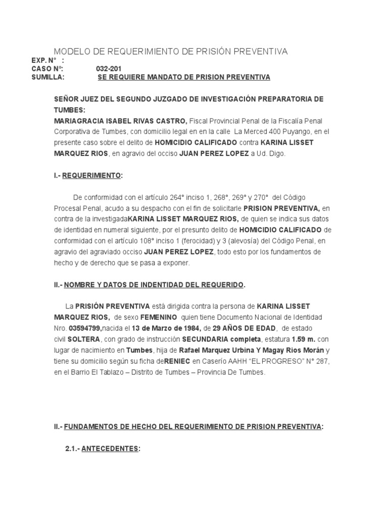 Modelo de Requerimiento de Prisión Preventiva | PDF | Homicidio | Castigos Modelo de Requerimiento de Prisión Preventiva | PDF | Homicidio | Castigos