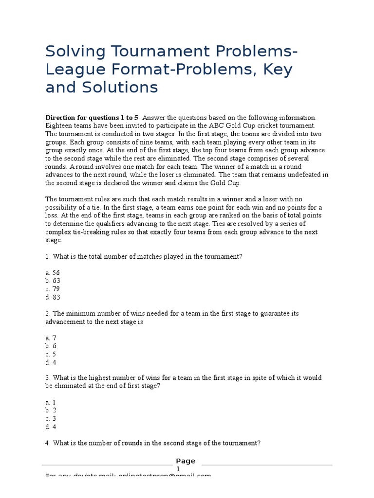 Solving Tournament Problems-League Format-Problems, Key and Solutions | PDF