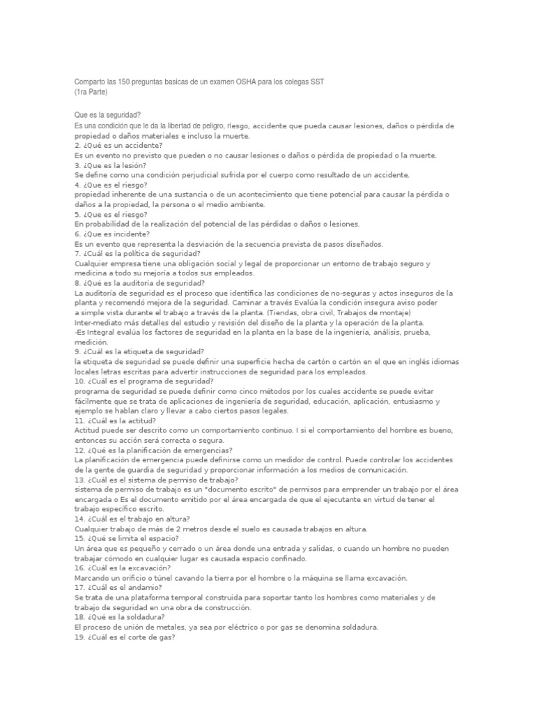 150 Preguntas Clave sobre OSHA | PDF | Soldadura | Construcción