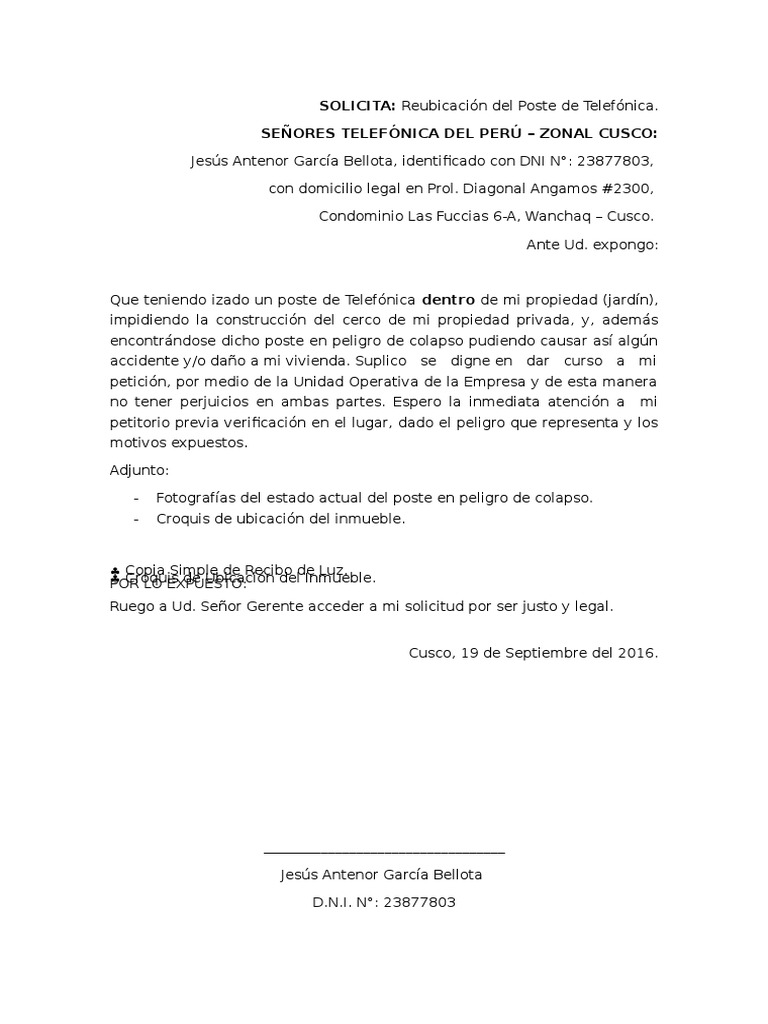 Solicitud de Reubicación de Poste Telefónico | PDF | Hogar, jardinería y bricolaje