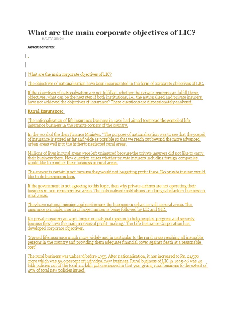 What Are The Main Corporate Objectives of LIC3 | PDF | Insurance | Life ...