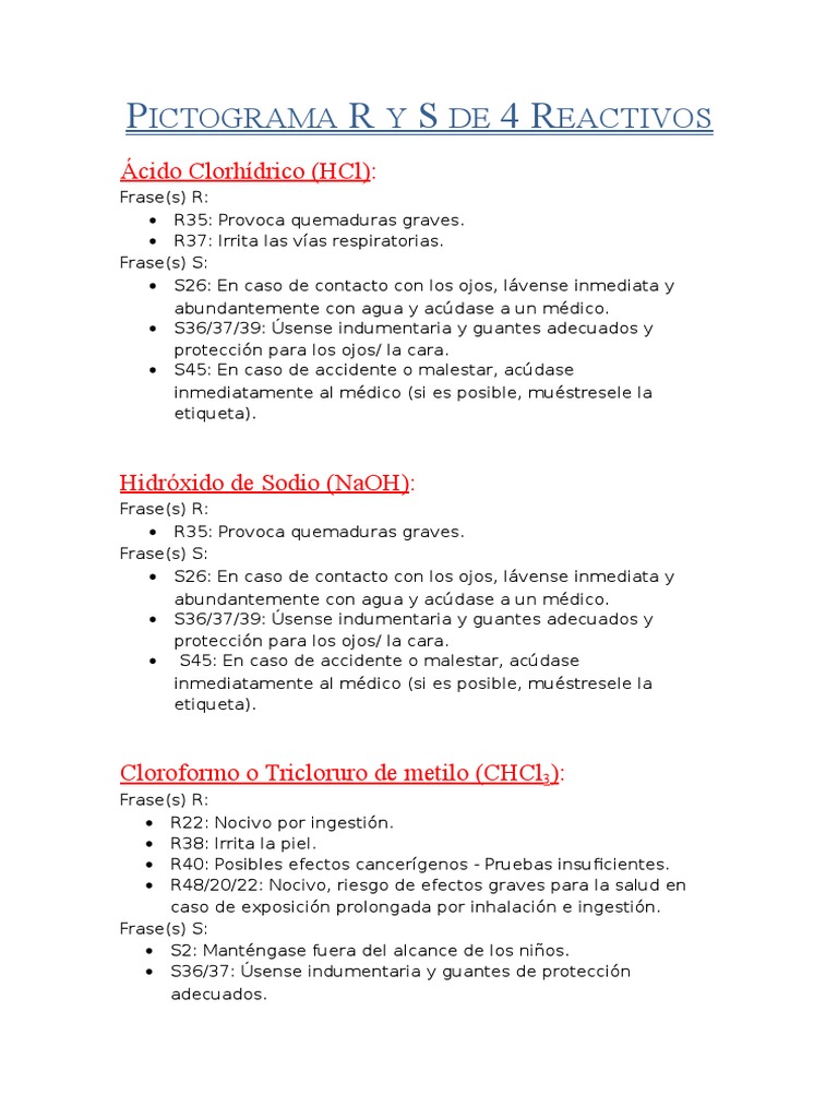 Pictograma R y S de 4 Reactivos | Descargar gratis PDF | Cloroformo ...