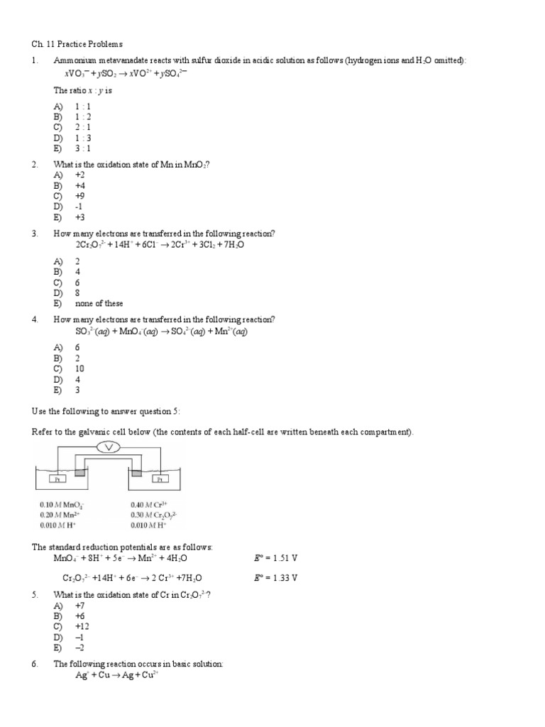 CH 11 Practice Problems | PDF | Redox | Electrochemistry