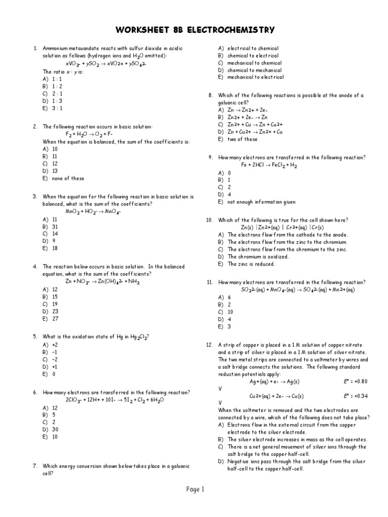 AP Chemistry Electrochemistry Worksheet | PDF | Redox | Electrochemistry