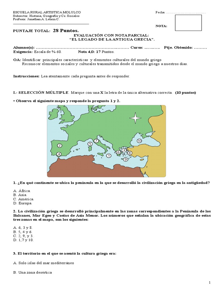 Prueba de grecia 7° | PDF | Antigua Grecia | Grecia