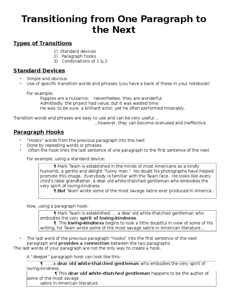 Transitioning Ideas: Effective Techniques for Connecting Paragraphs through Standard Devices ...