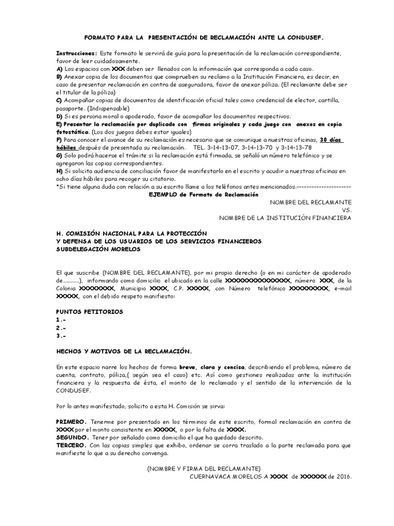 Formato para presentar una reclamación ante la CONDUSEF detallando los ...