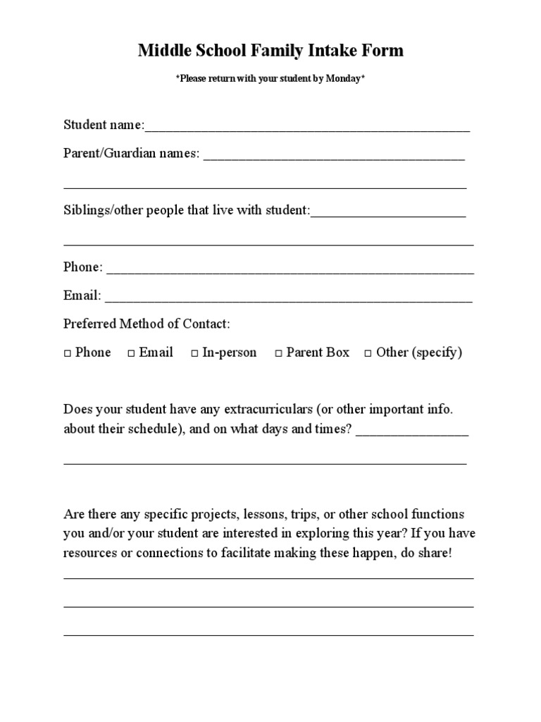 Middle School Family Intake Form: Please Return With Your Student by ...