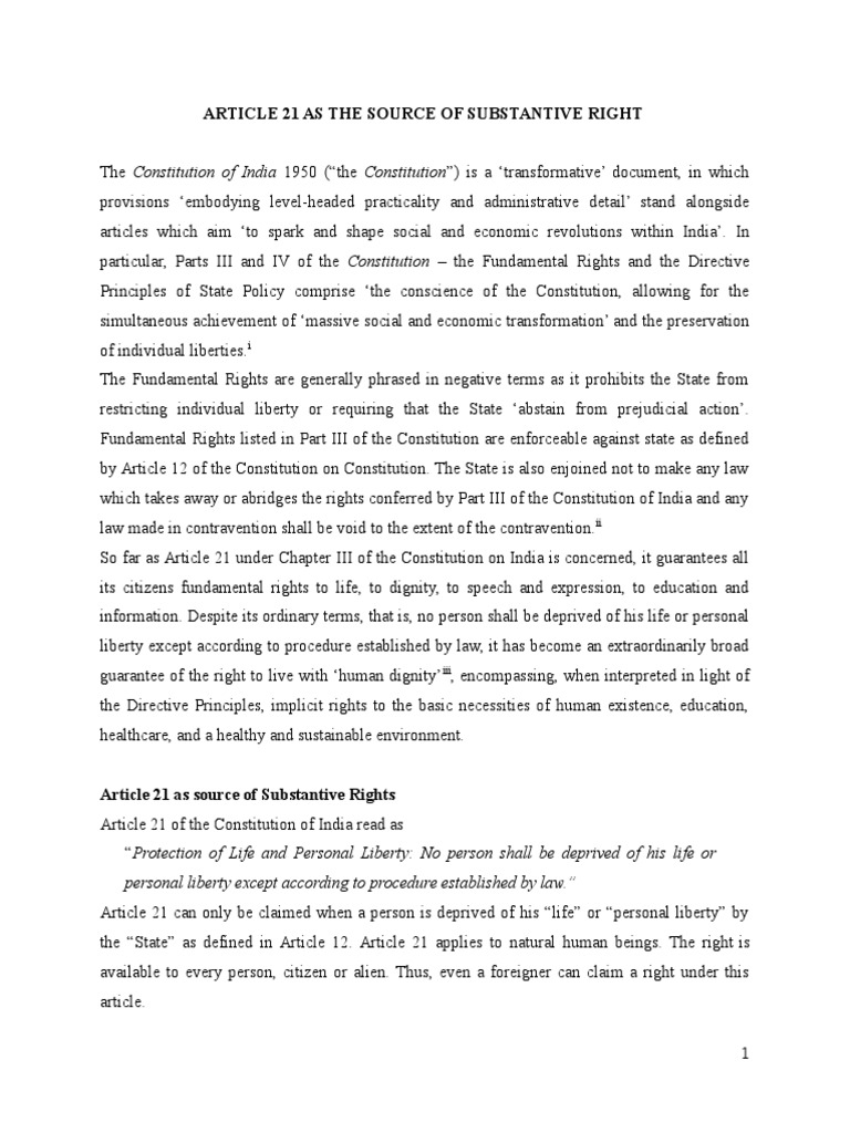 Article 21 As The Source of Substantive Right | PDF | Civil Liberties ...