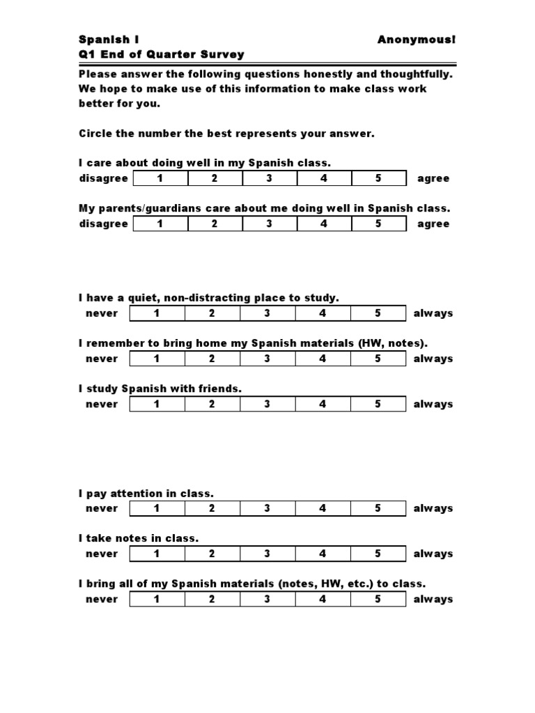 Student End of Quarter Survey | PDF | Homework | Educational Assessment ...