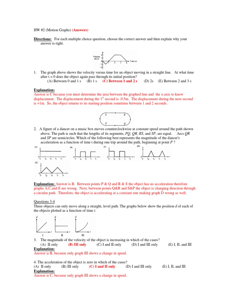 Motion Graphs Homework Answers | PDF | Velocity | Acceleration