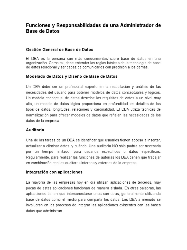 Funciones del Administrador de Base de Datos | PDF | Bases de datos ...