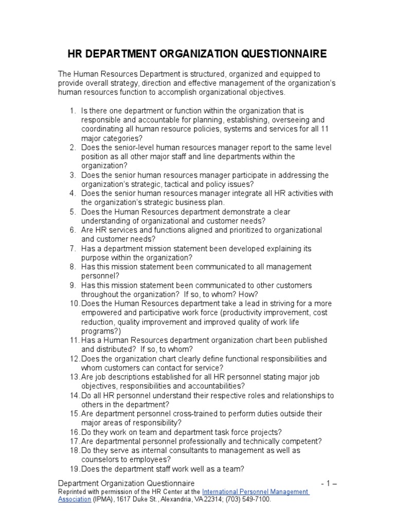 HR Department Organization Questionnaire | PDF | Human Resources ...