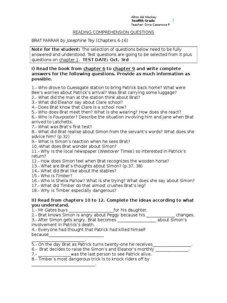 Brat Farrar Reading Comprehension Guide | PDF