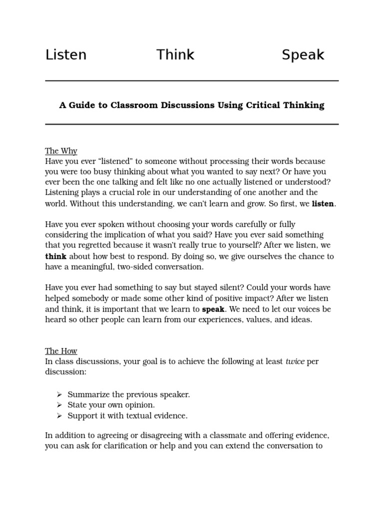 Listen Think Speak: A Guide To Classroom Discussions Using Critical ...