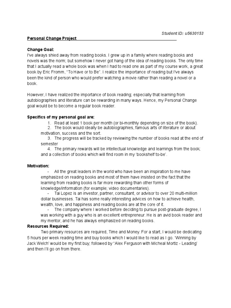 Personal Change Project Change Goal:: Student ID: U5630153 | PDF ...