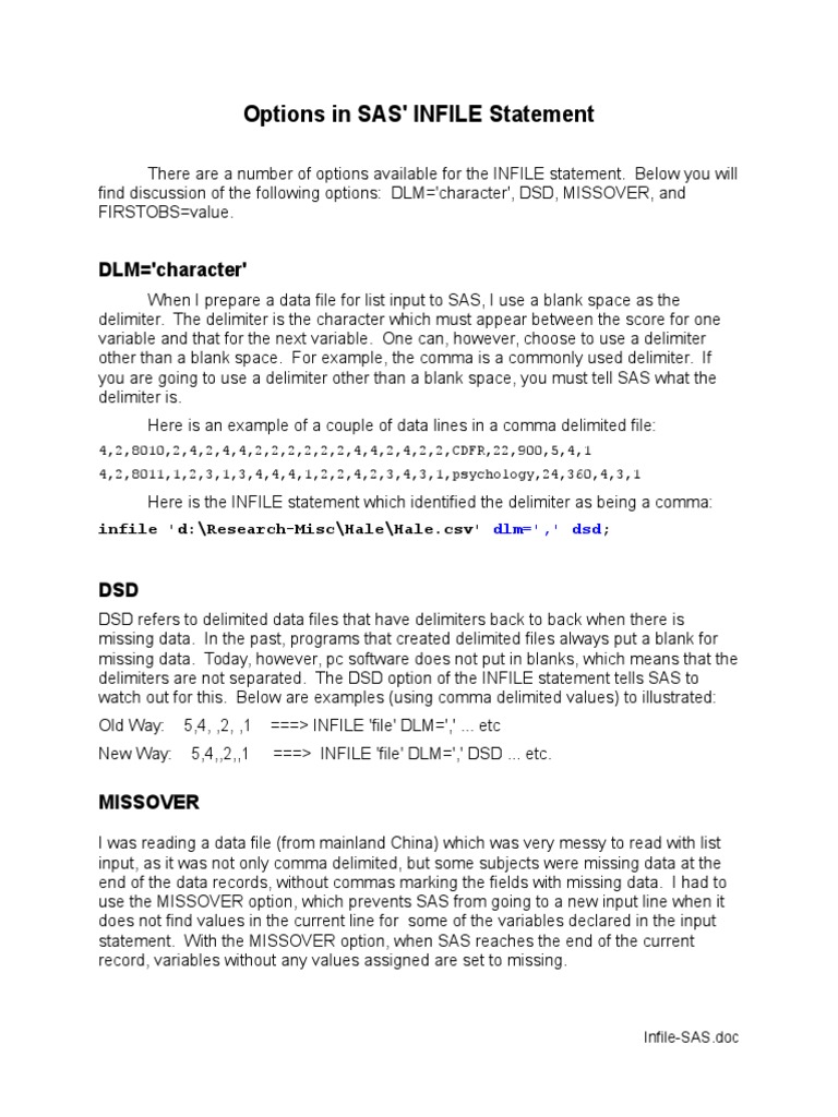 Infile Sas | Download Free PDF | Comma Separated Values | Computer Data