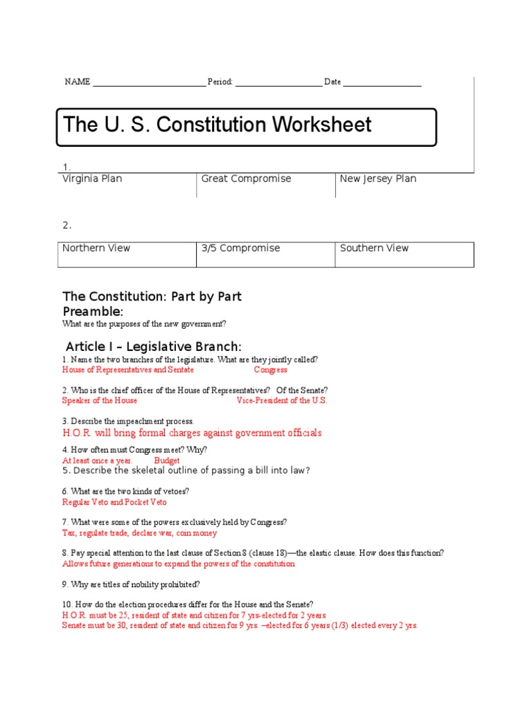 Constitution Worksheet Key | PDF | Article One Of The United States ...