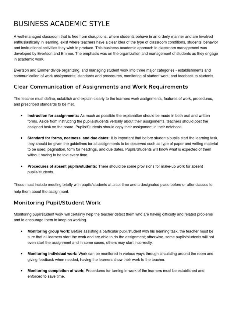 A Business-Academic Approach to Classroom Management: Clear ...