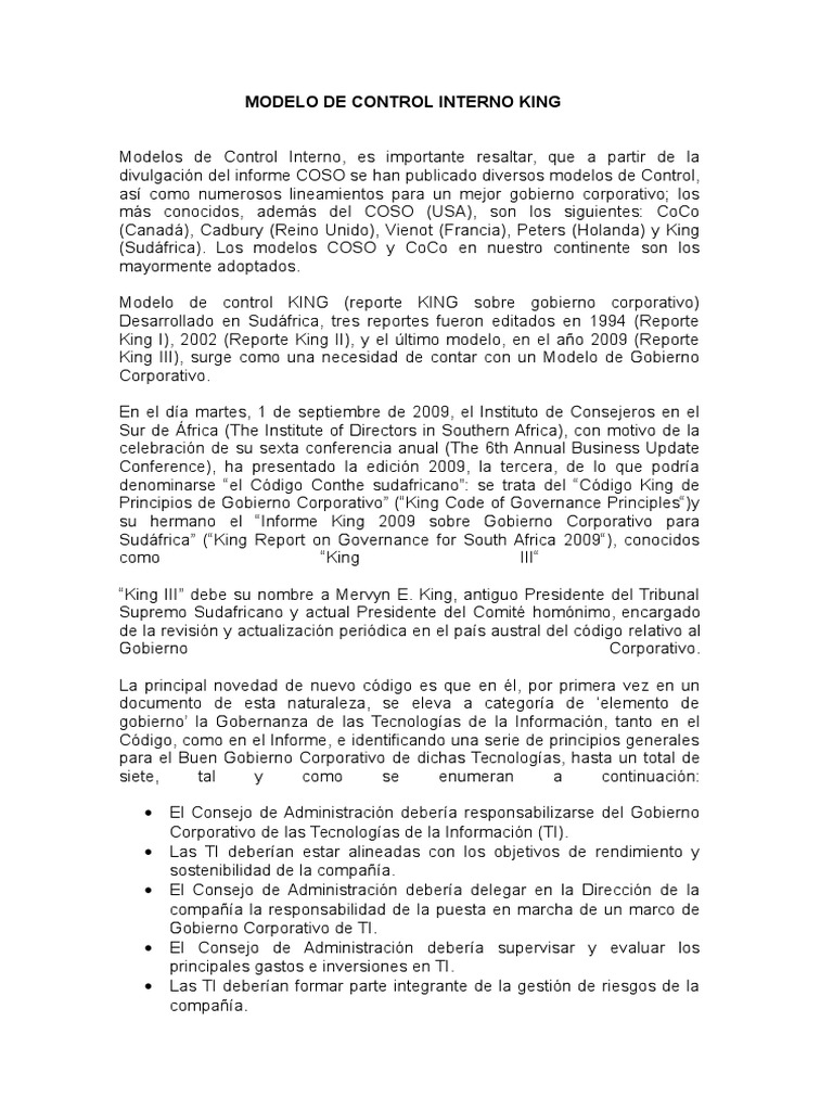 Modelo de Control Interno KING | PDF | Sudáfrica | Junta Directiva