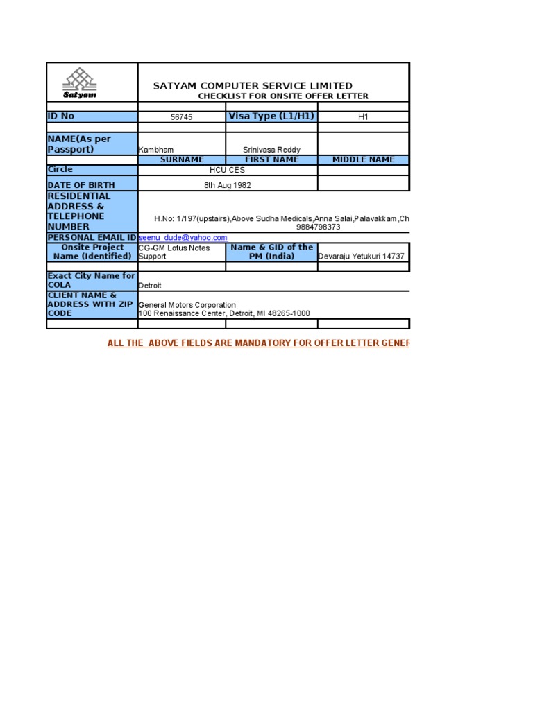 H1 Visa Onsite Offer Letter Checklist | PDF