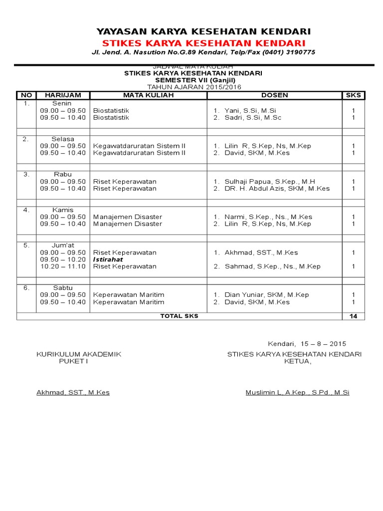 Jadwal Mata Kuliah STIKES Kendari 2015 | PDF | Wellness