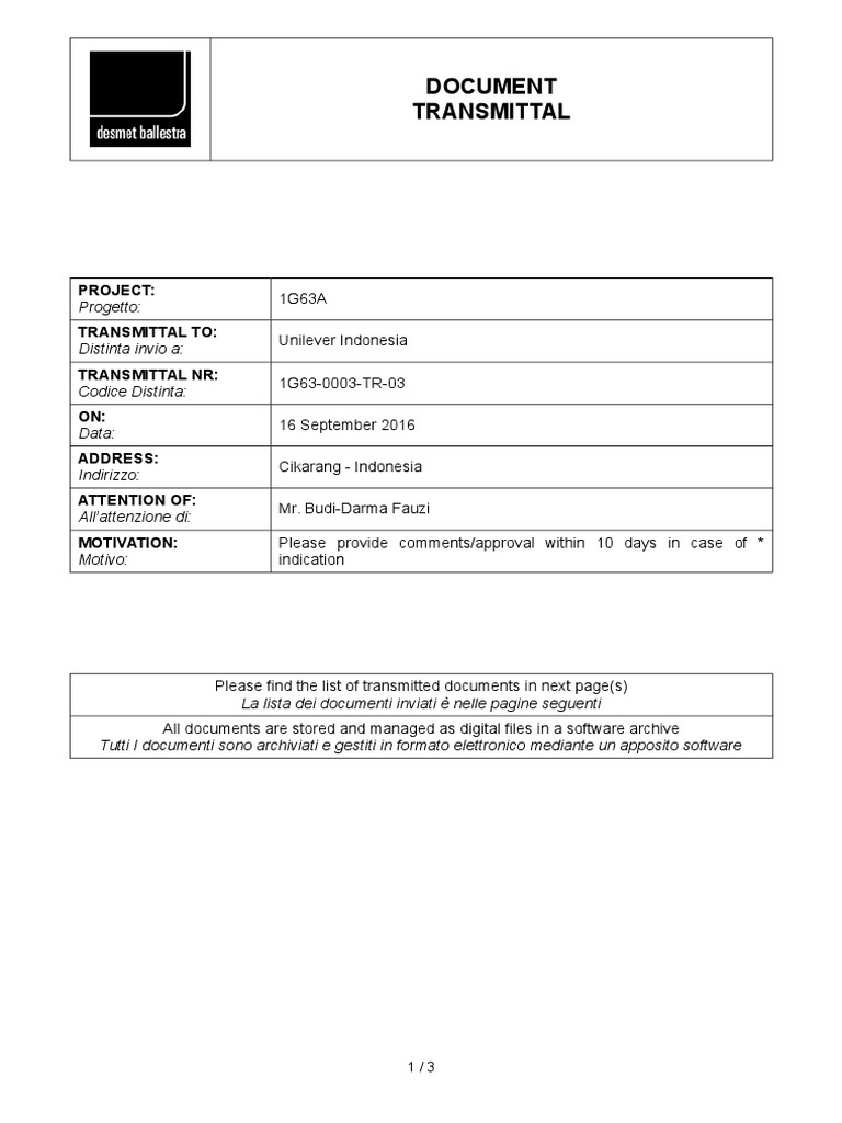 Document Transmittal: Project: Transmittal To: Transmittal NR: ON ...