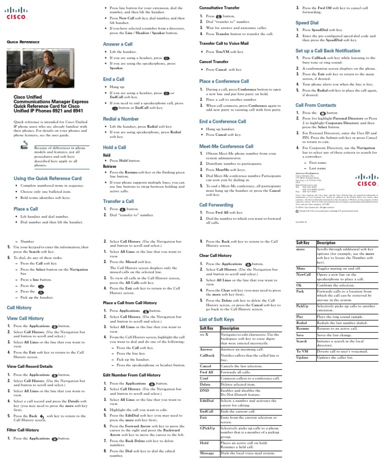 Cisco Unified Communications Manager Express Quick Reference Card For ...