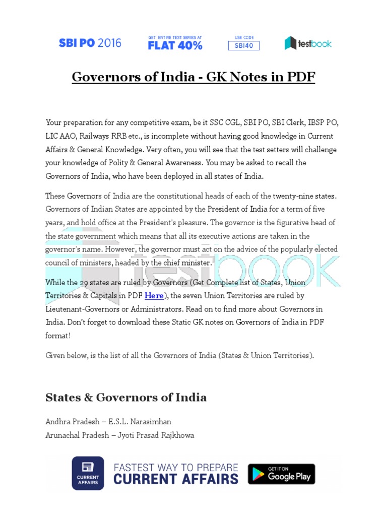 Governors of India GK Notes in PDF | PDF | States And Territories Of ...