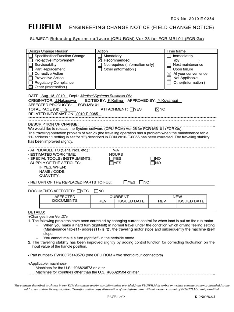 Engineering Change Notice (Field Change Notice) : ECN No. 2010-E-0234 ...