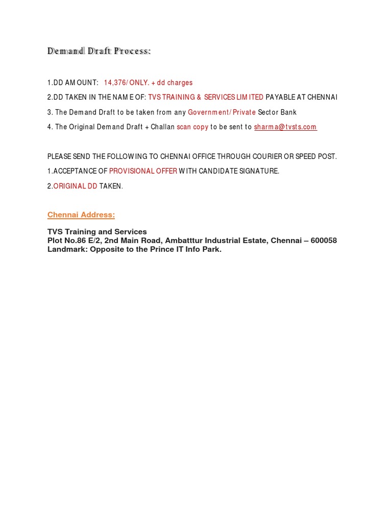 Demand Draft Submission for TVS Training | PDF